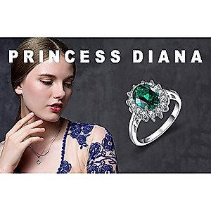 JewelryPalace Princess Diana Kate Middleton Class Gemstone Birthstone Green Emerald Halo Statement Engagement Rings for Women, Anniversary 14K Gold Plated 925 Sterling Silver Promise Rings for Her 7