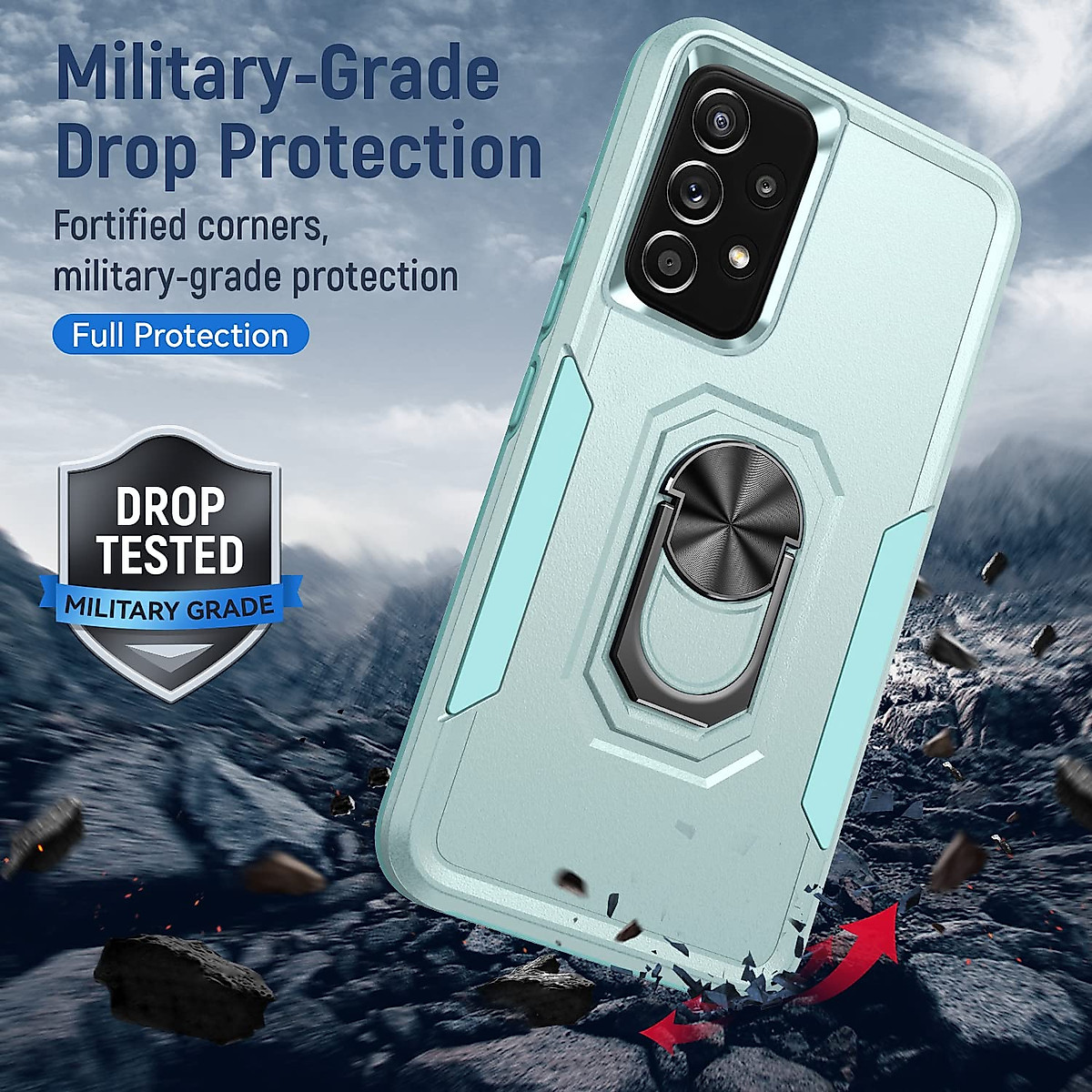 Janmitta Compatible with Samsung Galaxy A53 5G Case,with 1 Pack Screen Protector+1 Pack Camera Lens Protector,Shockproof Full Body Phone Cover,Built in Finger Ring Holder Kickstand,2022 Mint Green