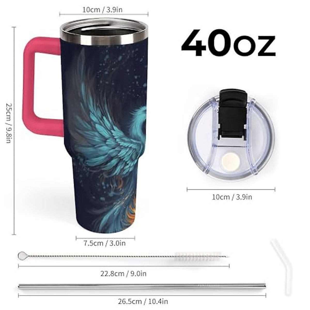 40 Oz Vacuum Tumbler with Light Rose Red Handle Leakproof Insulated Tumbler Fire And Water Phoenix Stainless Steel Travel Mug with Lid And Straw Coffee Cup Cute Water Bottles Cup Holder Friendly
