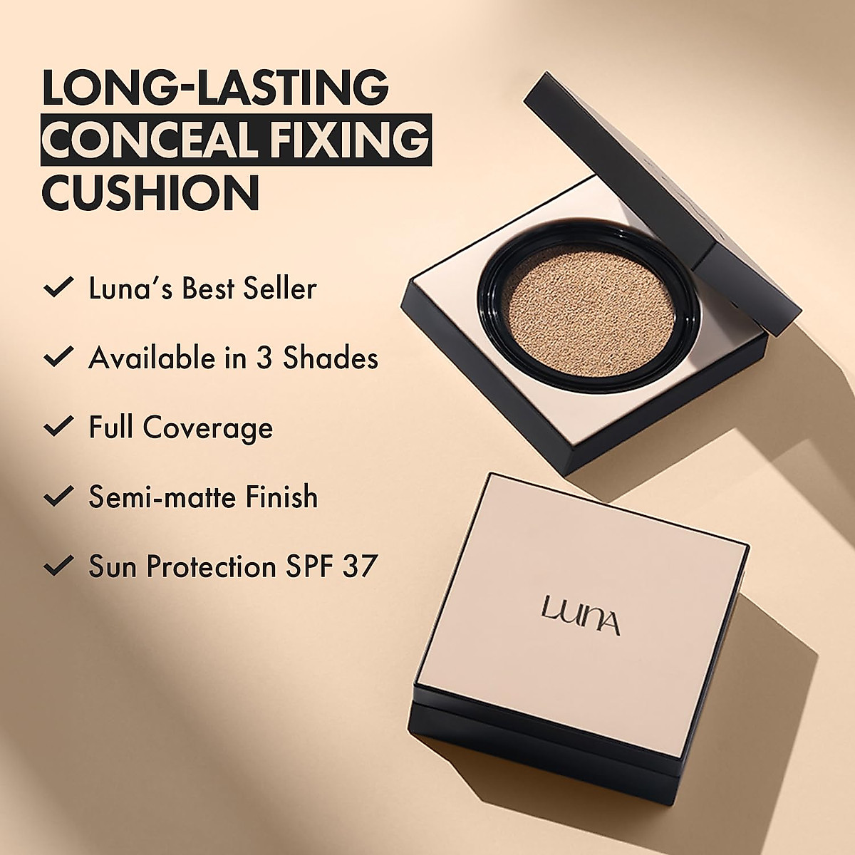LUNA 50-Hours Conceal Fixing Cushion Foundation SPF 37 (#23 Medium Beige), Refill Included, Semi-Matte Finish, Full Coverage Korean Makeup