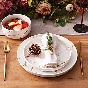 Pokini Gold Splash Dinnerware Sets, 12-Pieces Plates and Bowls Sets, Modern Marble Porcelain, Dishes Set for 4, White