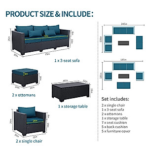 Rattaner Patio Furniture Set 6 Pieces Couch Outdoor Chairs Coffee Table Peacock Blue Anti-Slip Cushions and Waterproof Covers