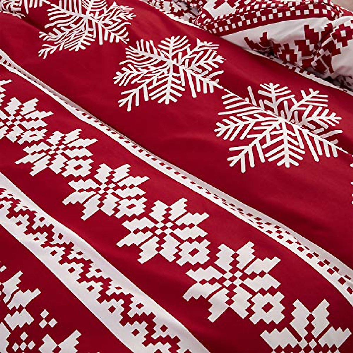 LAMEJOR Christmas Duvet Cover Set King Size Snowflake Pattern Holiday Bedding Set Comforter Cover(1 Duvet Cover+2 Pillowcases) Red
