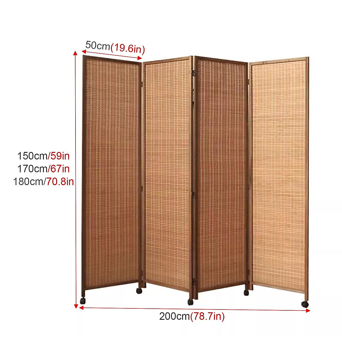 Bamboo Room Divider 4 Panel, Freestanding & Folding Privacy Screen with Swivel Casters, Office Weave Fiber Partition Wall Panels (Color : Brown, Size : Tall 170cm/67 in)