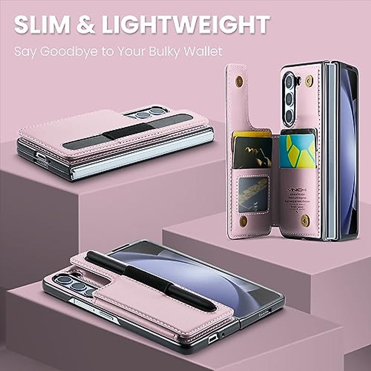 Vinich for Samsung Galaxy Z Fold 5 Wallet Case with S Pen Holder, [Front Cover] [RFID Blocking] [Card Holder] [Kickstand] Shockproof Phone Case for Galaxy Z Fold 5, Rose Gold