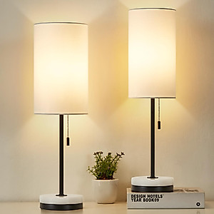 Luvkczc Minimalist Table Lamp Set of 2, Nightstand Lamp for Bedroom Living Room, Modern Pull Chain Bedside Lamp with Marble Base, Fabric Shade, Small Desk Lamp for Home, Office, Reading