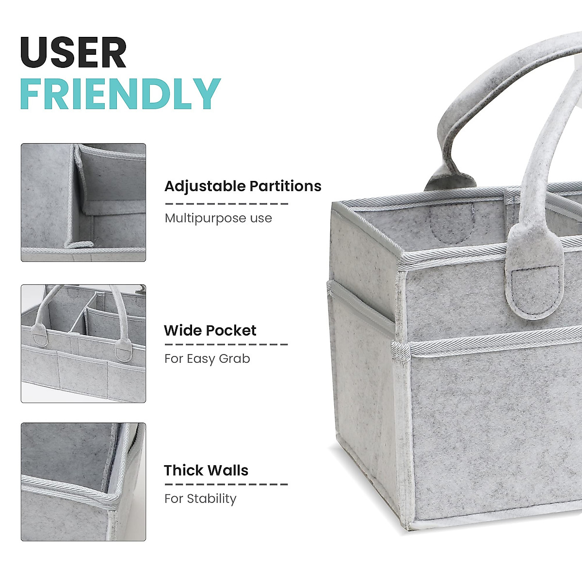 Baby Diaper Caddy Organizer with handle-Diaper Organizer Caddy For Girl Boy,Large Baby Organizer for Changing Table & Car,Felt Diaper Caddy,Baby Diaper Caddy Organizer Basket Grey,Baby Caddy Organizer