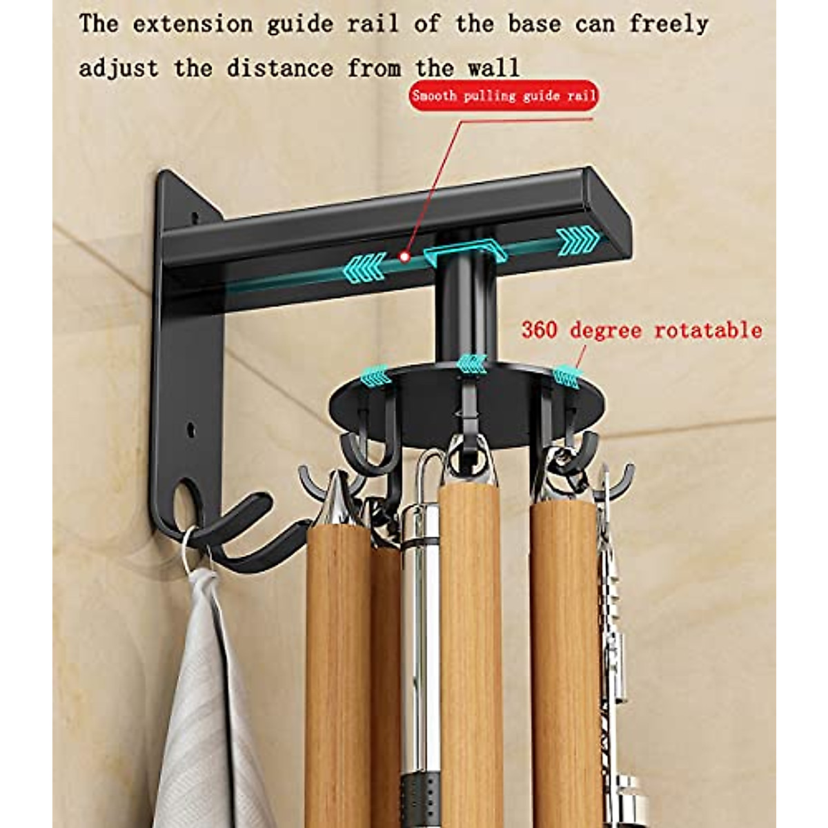 HEFFY Kitchen Storage Rotary Hook Rotatable Utensils Hooks Aluminum Small Utensil Holder Cooking Tool Hanger Bathroom Toilet RV Campers Easy to Install with 8 Removable Black