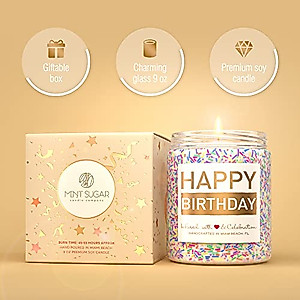 Happy Birthday Candle - Vanilla Birthday Cake Scent with Sprinkles Cute Birthday Gifts for Women Ideas, Made in USA, 9 oz - Cool Unique Bday Gift for Her, Best Friend, Men - Mint Sugar Candle Company