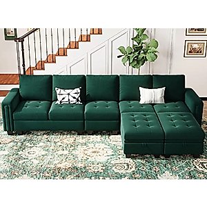 Belffin Large Velvet L Shaped Sectional Sofa Couch with Reversible Double Chaises Modular Sectional Sofa Couch with Storage Ottomans Convertible Sectional Sofa Green