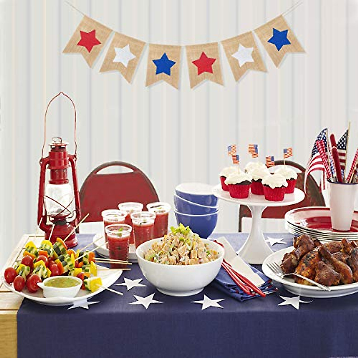 Uniwish Red White and Blue Stars Banner, Patriotic 4th of July Decorations American Independence Day Garden Flag Garland Burlap Bunting Sign