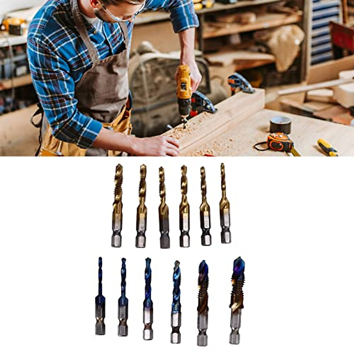 12Pcs Combined Tap Drill Bit Set HSS Metric Blue Plating Imperial Ti Plated 1/4in Hex Shank Combined Threading Drill Bit Set Drillbits