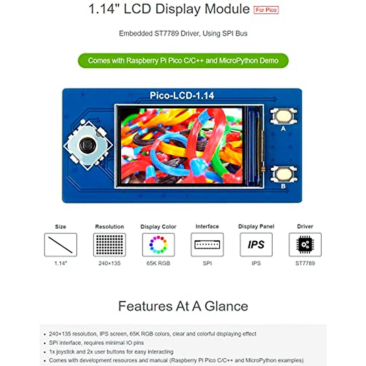 waveshare for Raspberry Pi Pico, 1.14" LCD Display Module, 240×135 Pixels IPS Screen 65K RGB Colors, ST7789 Driver 4-Wire SPI Interface with Buttons for Easy Interacting