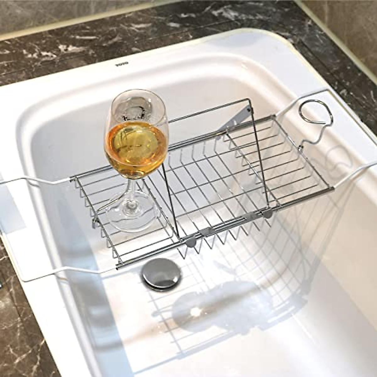 BDL Stainless Steel Bathtub Caddy Tray, Expandable Bath tub Table Shelf Bath Organizer with Reading Pad Rack or Tablet Holder, Candle Holder and Including Two Wine Glass Holders (Silver)