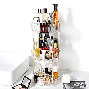 360° Rotating Makeup Organizer, Bathroom Makeup Carousel Spinning Holder Rack, Large Capacity Cosmetics Storage Box Vanity Shelf Countertop, Fits Cosmetic, Perfume (Transparent 3 Layers)