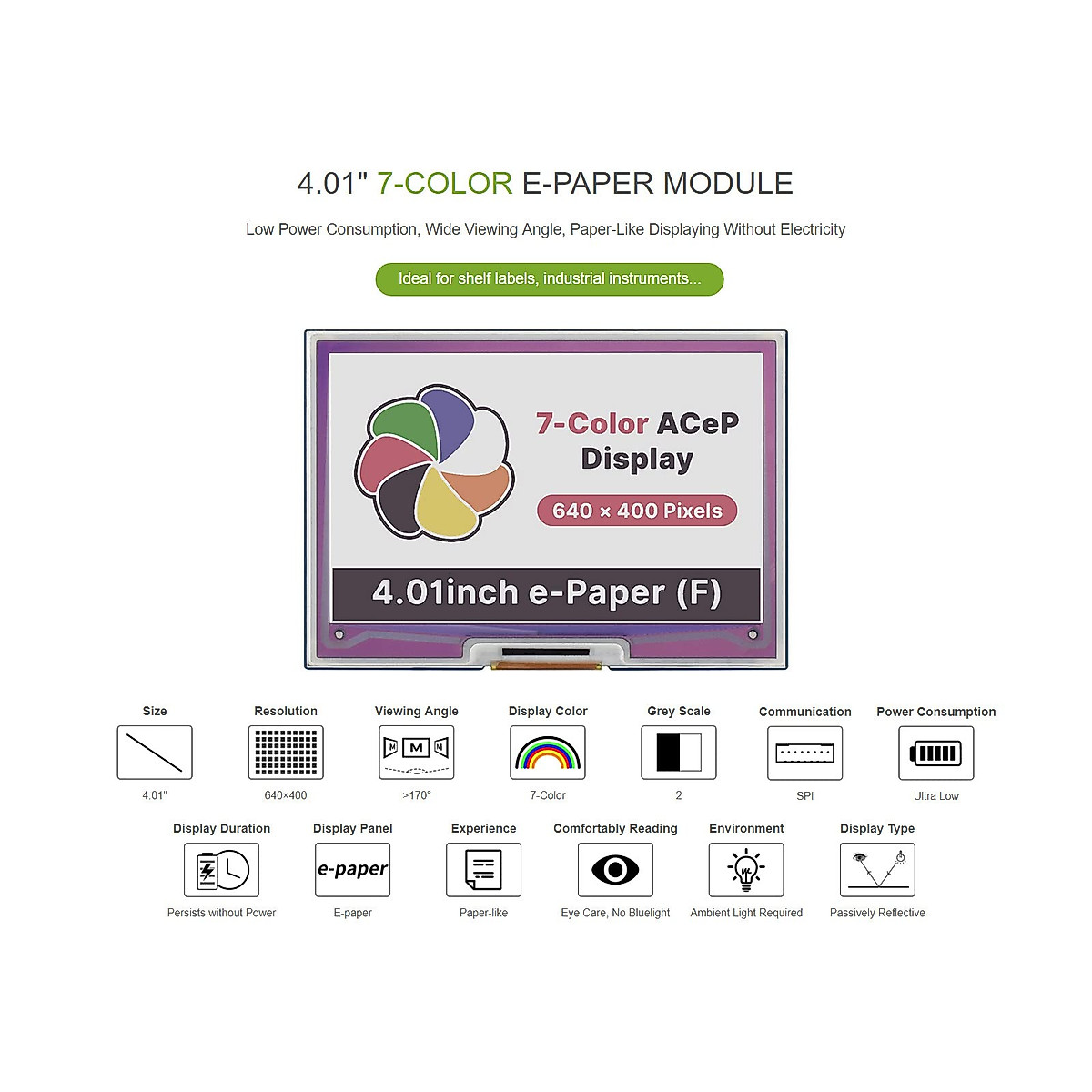 waveshare 4.01inch Colorful E-Paper E-Ink Display HAT Compatible with Raspberry Pi 4B/3B+/3B/2B/B+/A+/Zero/Zero W/WH/Zero 2W Series Boards 640×400 Pixels ACeP 7-Color SPI Interface