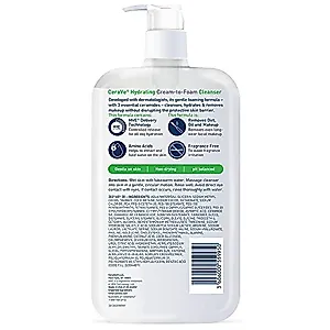 CeraVe Hydrating Cream-to-Foam Cleanser | Hydrating Makeup Remover and Face Wash With Hyaluronic Acid | Fragrance Free Non-Comedogenic | 19 Fluid Ounce