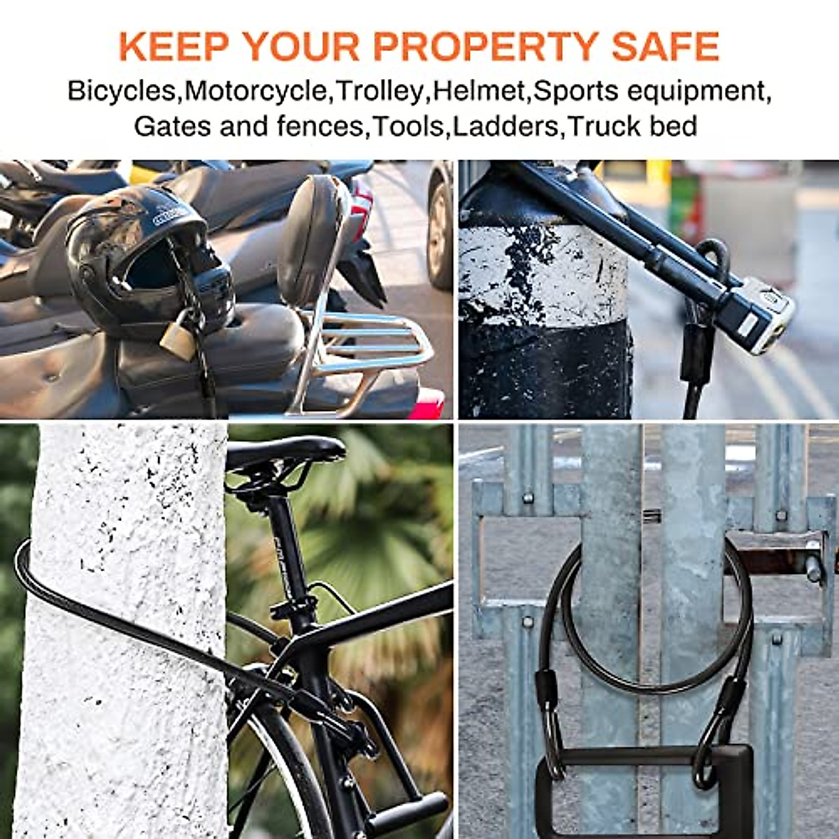 Bike Lock Cable 7 feet 1/2" Thick Heavy Duty Vinyl Coated Flexible Security Steel Cable with Sealed Loop Anti-Theft Safety Cables for U-Lock, Padlock, Disc Lock