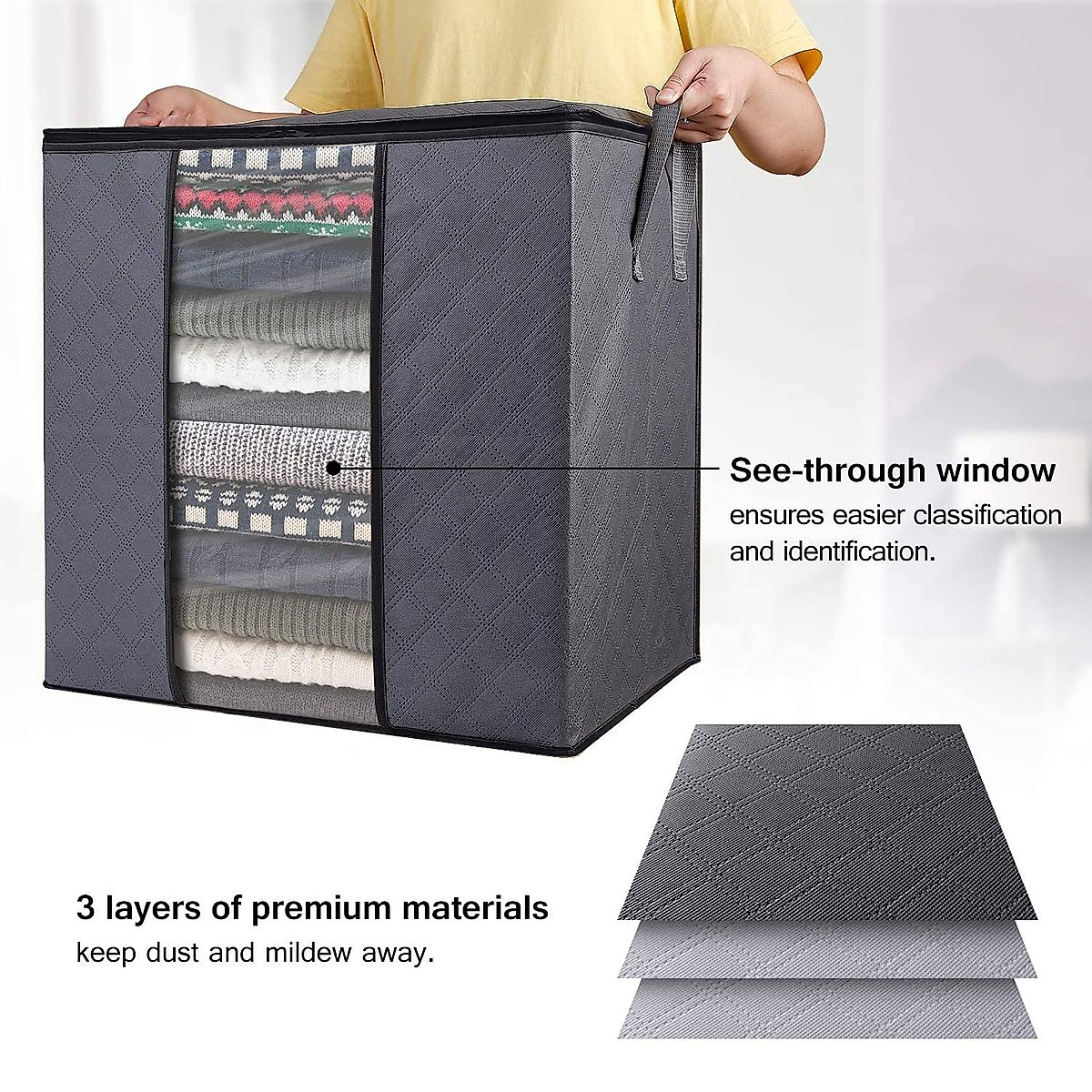 WISELIFE Storage Bags [2 Pack/100L] Large Blanket Clothes Organization and Storage Containers for Comforters,Bedding, Foldable Organizer with Reinforced Handle, Clear Window, Sturdy Zippers,Gray