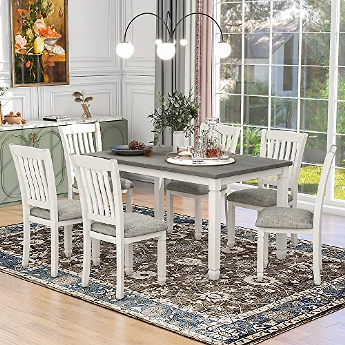 Neoclassical 7-Piece Dining Table Set, Solid Wood Kitchen Dining Room Table Set of 7, Rectangle Dining Table with 6 Upholstered Chairs and Shaped Legs, Family Dining Kitchen Set for 6