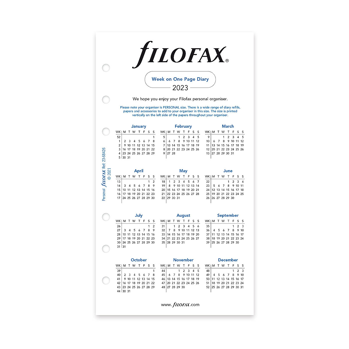 Filofax Refill, Personal/Compact Size, Week on One Page, White Paper, Unruled, English, 2023 (C68426-23)