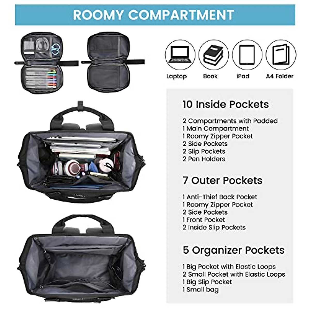 LOVEVOOK Laptop Backpack for Women, Teacher Nurse Bag Work Travel Computer Backpacks Purse,Water Resistant Daypack with USB Charging Port, 15.6 inch Black