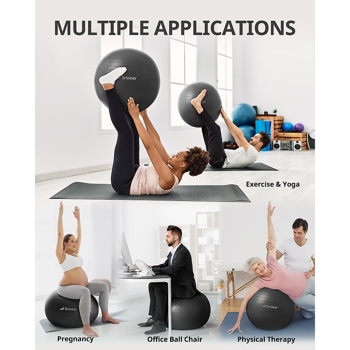 Trideer Extra Thick Yoga Ball Exercise Ball, 5 Sizes Ball Chair, Heavy Duty Swiss Ball for Balance, Stability, Pregnancy, Physical Therapy, Quick Pump Included