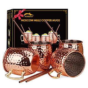 Hossejoy Moscow Mule Copper Mugs - Set of 4-100% Handcrafted Solid Copper Mugs, 16 oz Copper Cups with 4 Cocktail Copper Straws