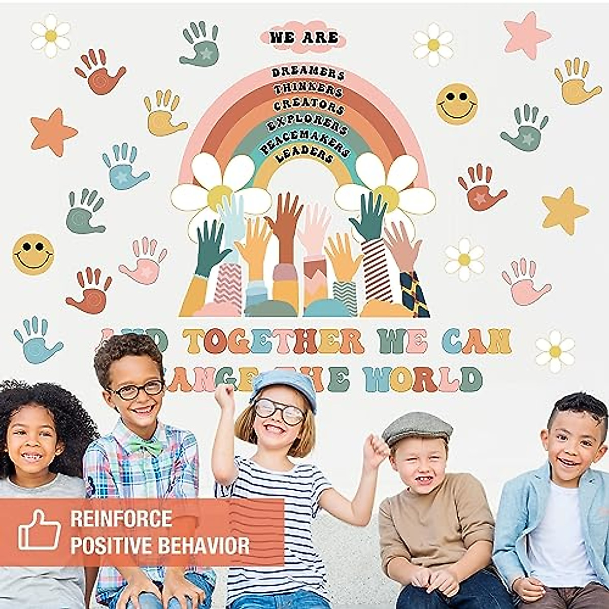92 Pieces One World Together Classroom Decorations We Can Change The World Classroom Wall Decor We are and Together Hands Cutouts with Stars Rainbow Cutouts for School Classroom Decor (Retro)
