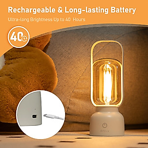 ArtiN-X Retro Cordless Lantern Table Lamp, 40 Hours Long Lasting Dimming Night Light, Small Rechargeable Battery Operated Light for Cruise Nightstand Travel Camping Nightstand, Decoration, Gift- White