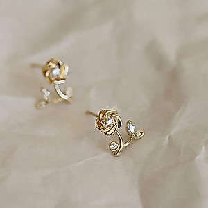 Cute Rose Flower Stud Earrings for Women Teen Girls 925 Sterling Silver Cubic Zirconia Cartilage Tiny Small Studs Earring Dainty Jewerly Birthday Gifts Hypoallergenic (Gold)