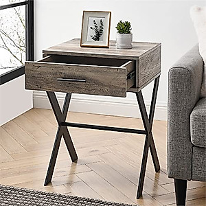 Walker Edison Metal Wood Small Side End Beside Table 1 Drawer X Leg Living Room Accent Table, 18 Inch, Grey Wash