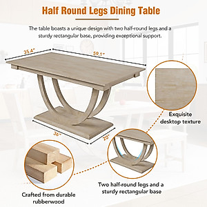Wood Half Round Dining Table Set, Modern 6-Piece Kitchen Table Set with Long Bench and 4 Dining Chairs, Padded Chairs & Bench Set of 6, Half Round Legs Dining Table (Natural+beige,Half Round Legs)