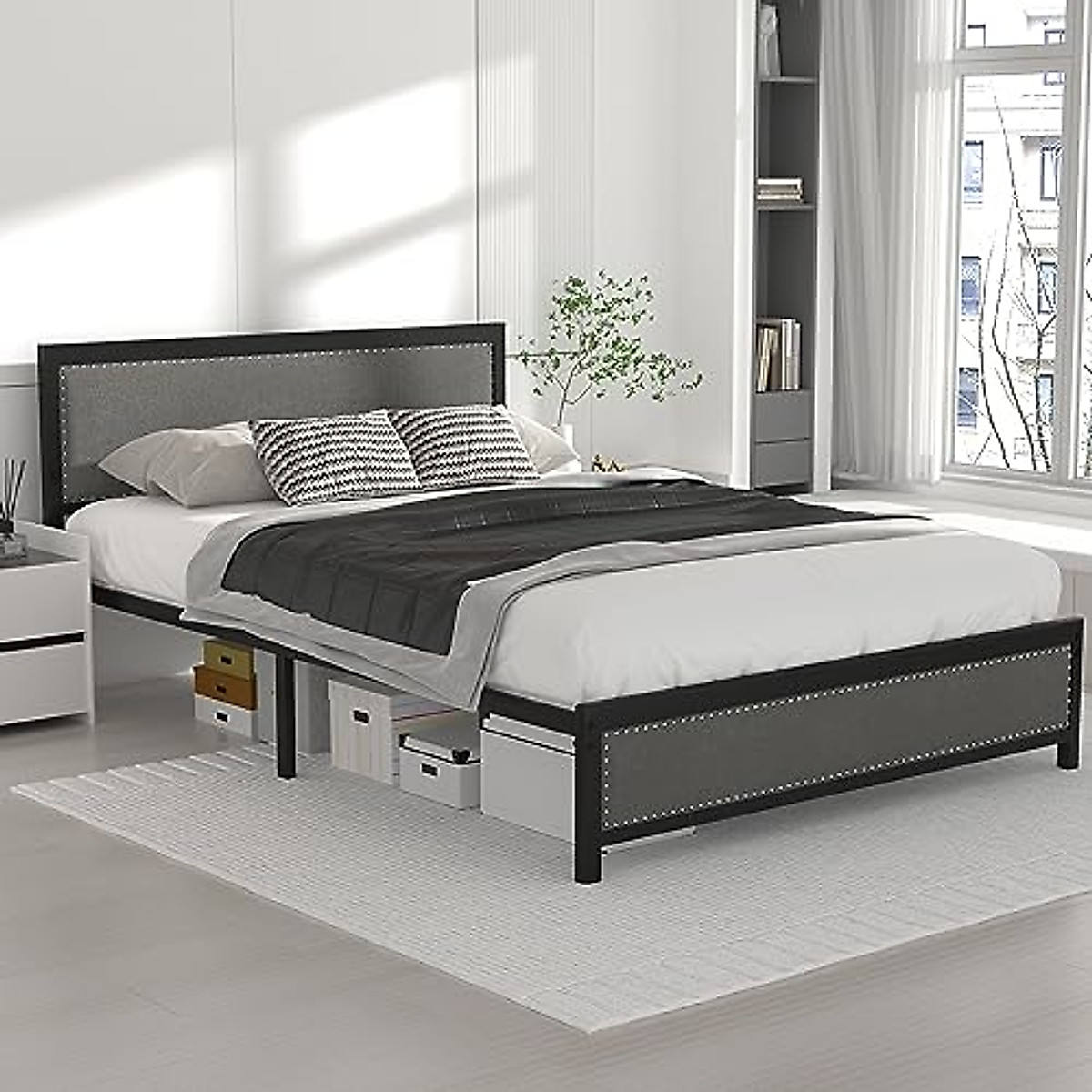 VECELO Full Size Bed Frame with Linen Fabric Headboard and Footboard, Heavy-Duty Platform with Strong Steel Slats, No Box Spring Needed, Easy Assembly, Grey
