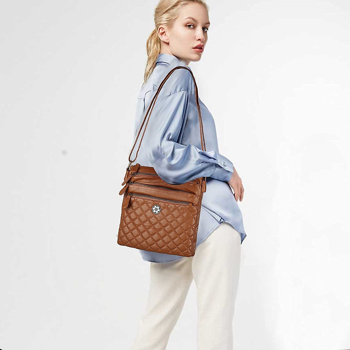 Angel Kiss Crossbody Bag for Women Large Shoulder Bag Skin- friendly Washed Leather Purse with Multi Pockets