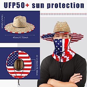 4 Pcs Independence Day USA Sun Straw Hat and Cooling Neck Gaiter Face Mask Set American Flag Hat Straw Beach Hat America Sweat Wicking Neck Gaiter for Men and Women UV Sun Protection