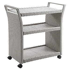 PayLessHere Outdoor PE Wicker Side Table Patio Coffee Table, Wicker Rattan Porch Coffee Table with Storage Shelf, Aluminum Frame, Gray
