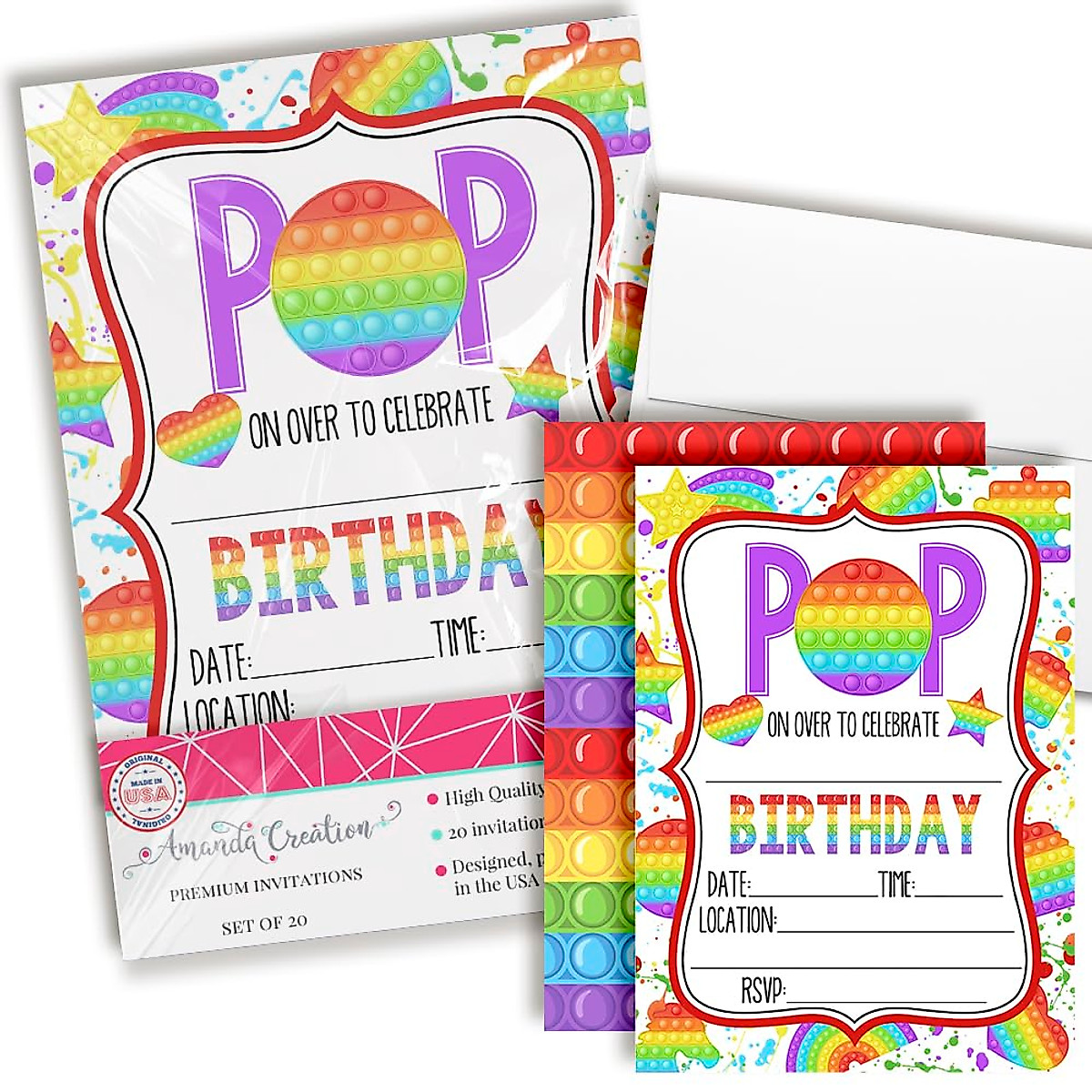 Pop On Over Popper Toy Fidget Themed Birthday Party Invitations for Kids, 20 5x7 Fill In Cards with Twenty White Envelopes by AmandaCreation