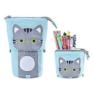 Rolin Roly Blue Telescopic Pencil Pouch Standing Pencil Case Cute Cat Stationery Bags Stand Up Pen Box Canvas Cartoon Pencil Holder with Zipper Transformer Pen Case