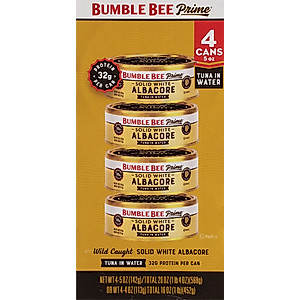 Bumble Bee Prime Solid White Albacore Tuna in Water,Premium Wild Caught Tuna - 31g Protein per Serving - Non-GMO Project Verified, Gluten Free, Kosher, 5 Ounce (Pack of 4)