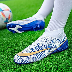 Kids Soccer Shoes Firm Ground Youth Soccer Cleats Boys Spike FG High-Top Football Boots for Outdoor Training White Blue