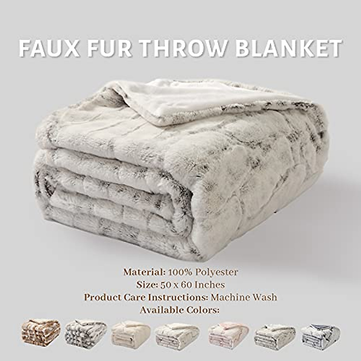 Snuggle Sac Plush Faux Fur Throw Blanket, Warm and Cream Fuzzy Blanket with Marble Pattern Print, Decorative Blanket for Couch Sofa Chair Bed Living Room, 50" X 60", Gray Beige