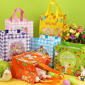 48 Pcs Easter Gift Bags Easter Reusable Treat Bags Easter Non Woven Bags Easter Tote Bags with Handle Easter Goodie Bags for Kids Waterproof Tote Bags Rabbit Bunny Bag for Easter Party Favors