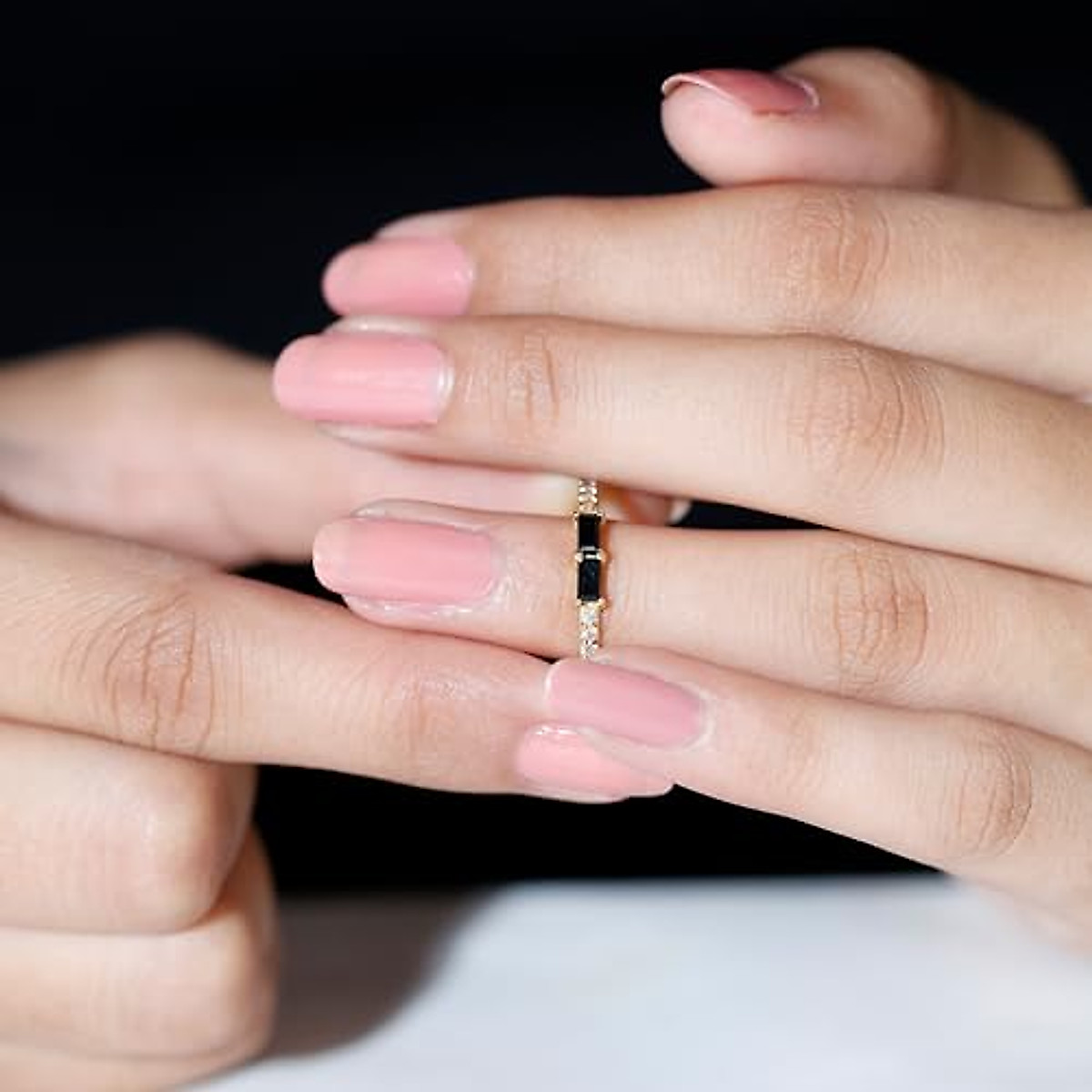 Natural Black Onyx Diamond Promise Ring For Women, Certified Onyx Stackable Ring, AAA Quality - With Jewelry Box, 14K Yellow Gold, Size:US 7.00