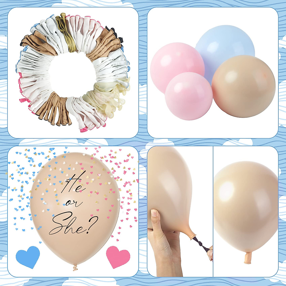 Amandir 185Pcs Gender Reveal Decorations, Double-Stuffed Pastel Pink and Blue Brown Nude Balloon Arch Kit White Cloud Hanging Moon&Star Garland Boho Neutral Boy or Girl Bear Baby Shower Party Supplies