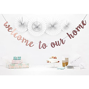Starsgarden Glitter Rose Gold Welcome to Our Home Banner for Housewarming Patriotic Military Decoration Family Party Supplies Cursive Bunting Photo Booth Props Sign