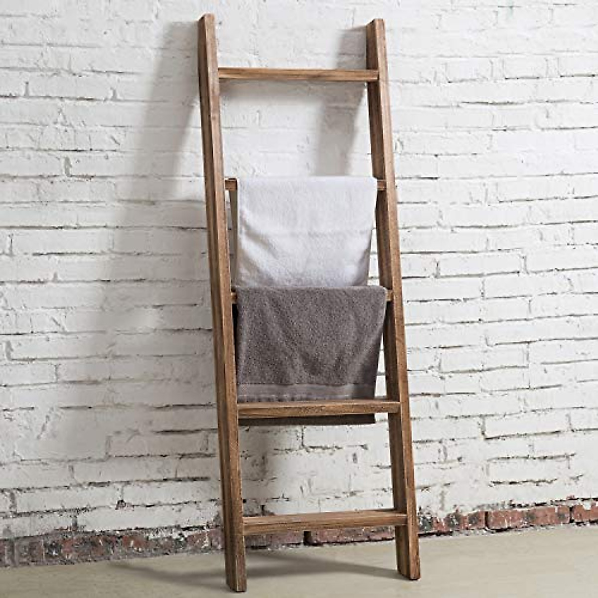 MyGift Rustic Brown Wood Blanket Ladder Farmhouse Shelf, Wall Leaning Towel Rack with 5 Rungs