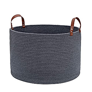 Large Baskets for Storage Cotton Rope Basket Laundry Basket Hamper- Hombins Woven Toy Bin Blanket Holder XXL Grey Collapsible Laundry Basket with Leather Handle, 20"X20"X13"