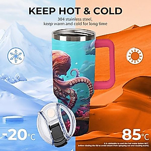 Octopus 40 Oz Car Cup Stainless Steel Travel Mug Leak-Proof Insulated Tumbler with Handle Light Rose Red-style