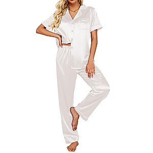 Ekouaer Silk Satin Pajamas Set Women Short Sleeve Sleepwear Soft Button Down Loungewear Pjs Set White X-Large
